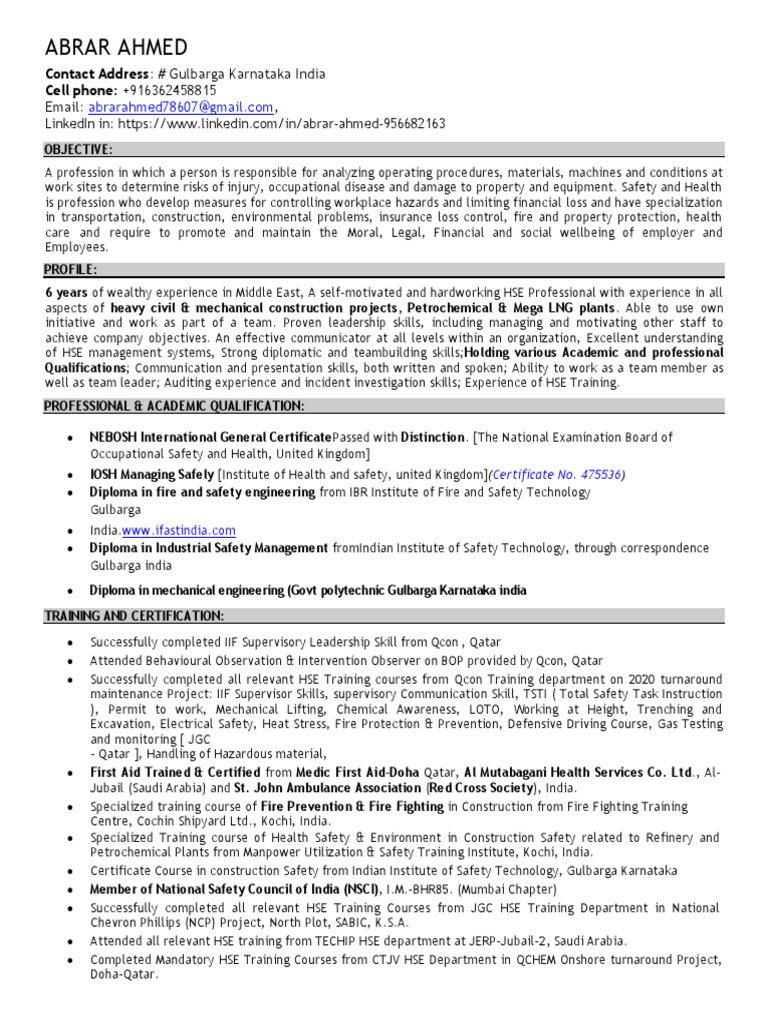 Abrar Hse Officer | PDF | Occupational Safety And Health | Safety
