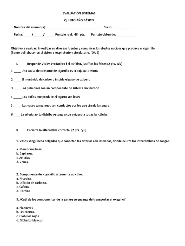 Prueba Ciencias Quinto Tabaco | PDF | Sistema circulatorio | Sangre