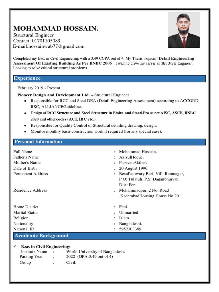 Mohammad Hossain - Curriculum Vitae. | PDF | Engineering