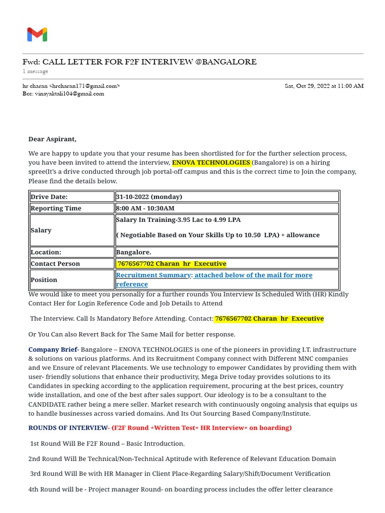 Gmail - FWD - Call Letter For f2f Interivew @bangalore | PDF ...