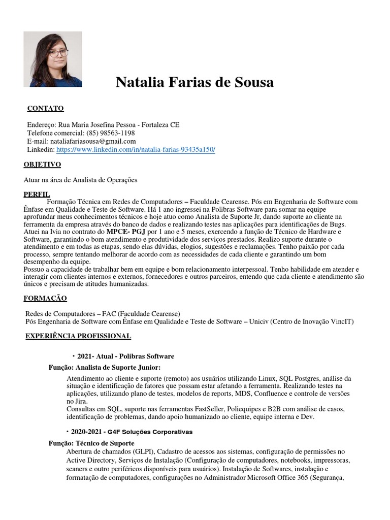 CV - Natalia Farias Analista - Operacoes | PDF | Diretório ativo | SharePoint