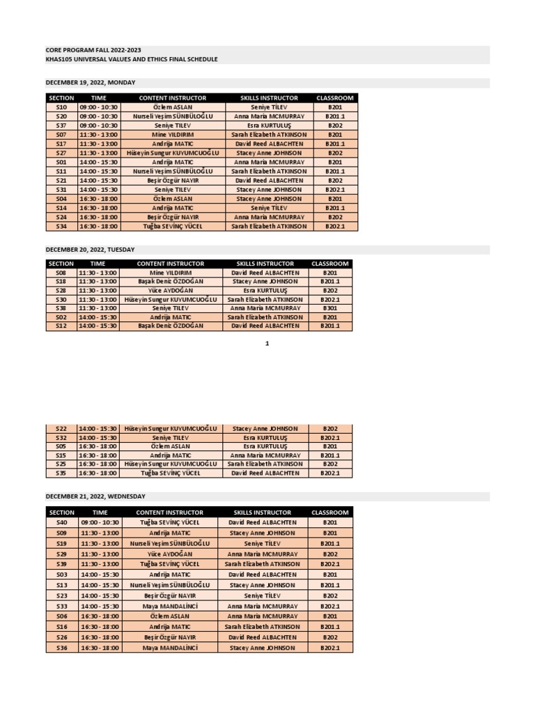 KHAS105 Universal Values and Ethics - Fall Final Schedule - TS | PDF