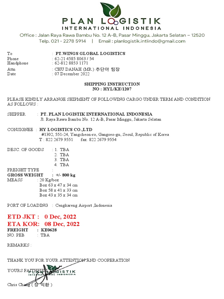 Shipping Instructions for PT. Wings Global Logistics | PDF