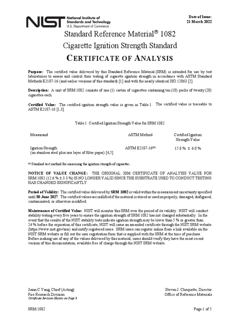 Standard Reference Material 1082 Cigarette Ignition Strength Standard ...