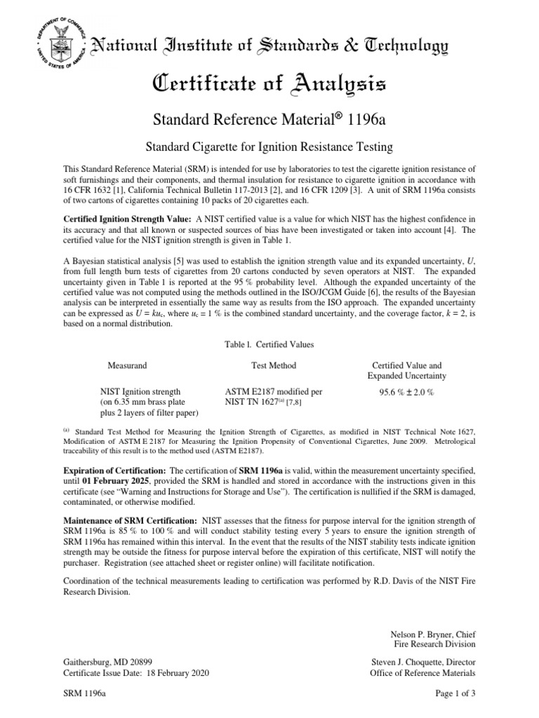 Certificate of Analysis: National Institute of Standards & Technology ...