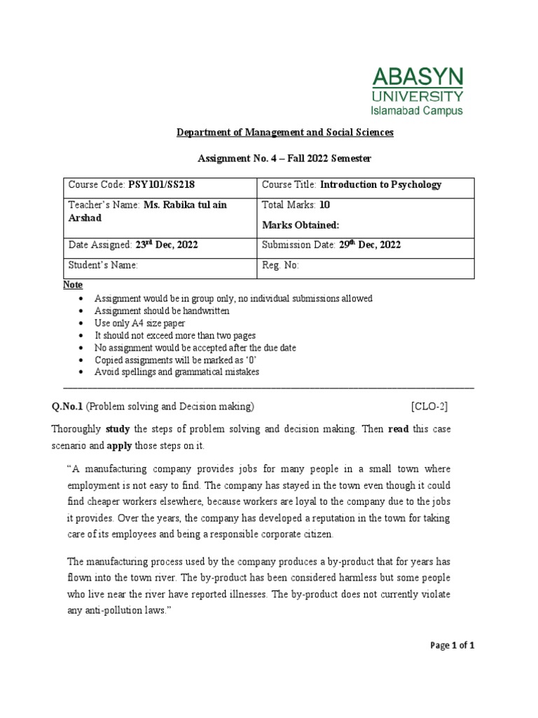 Assignment No 4 - PSY101.SS218 - Introduction To Psychology - Fall22 | PDF