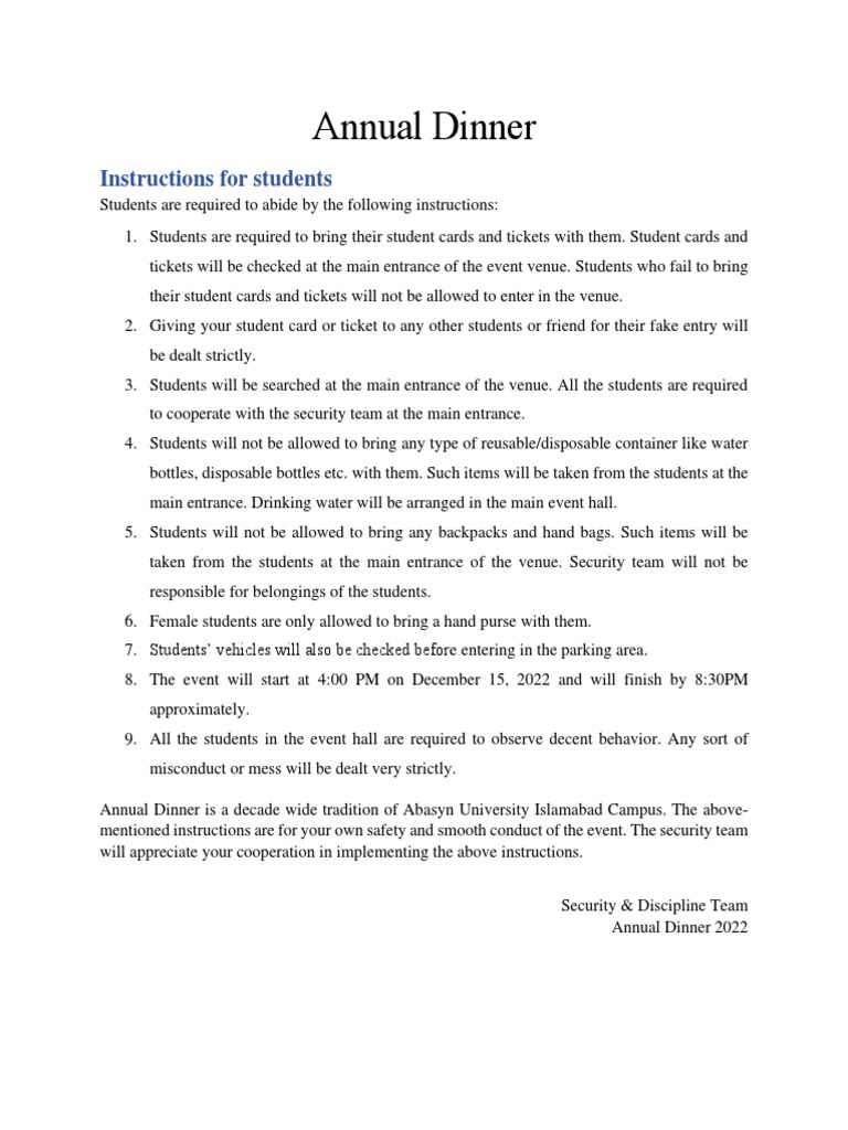 Annual Dinner Instructions | PDF