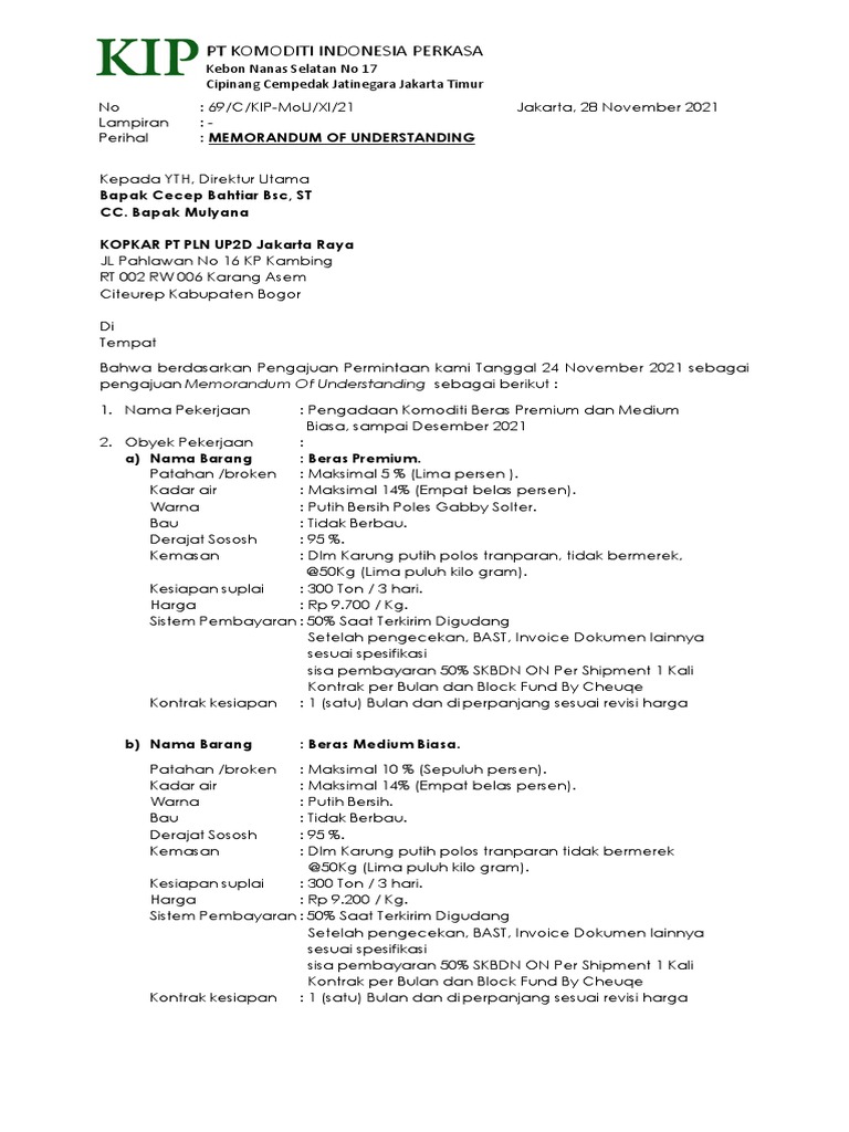 Surat Kip Mou Kopkar PLN | PDF