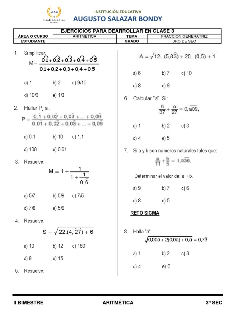 Ficha de Ejercitacion 3 - Ii Bim 3ro de Sec - Fraccion Generatriz | PDF