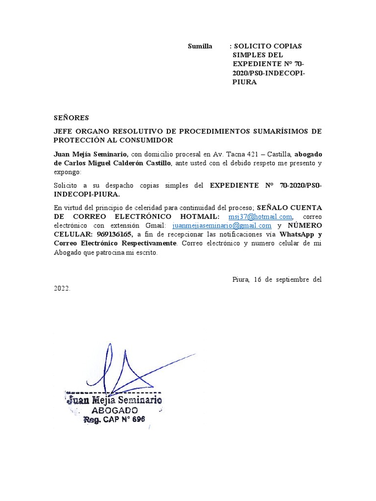 SOLICITUD DE COPIAS SIMPLE Ante INDECOPI | PDF