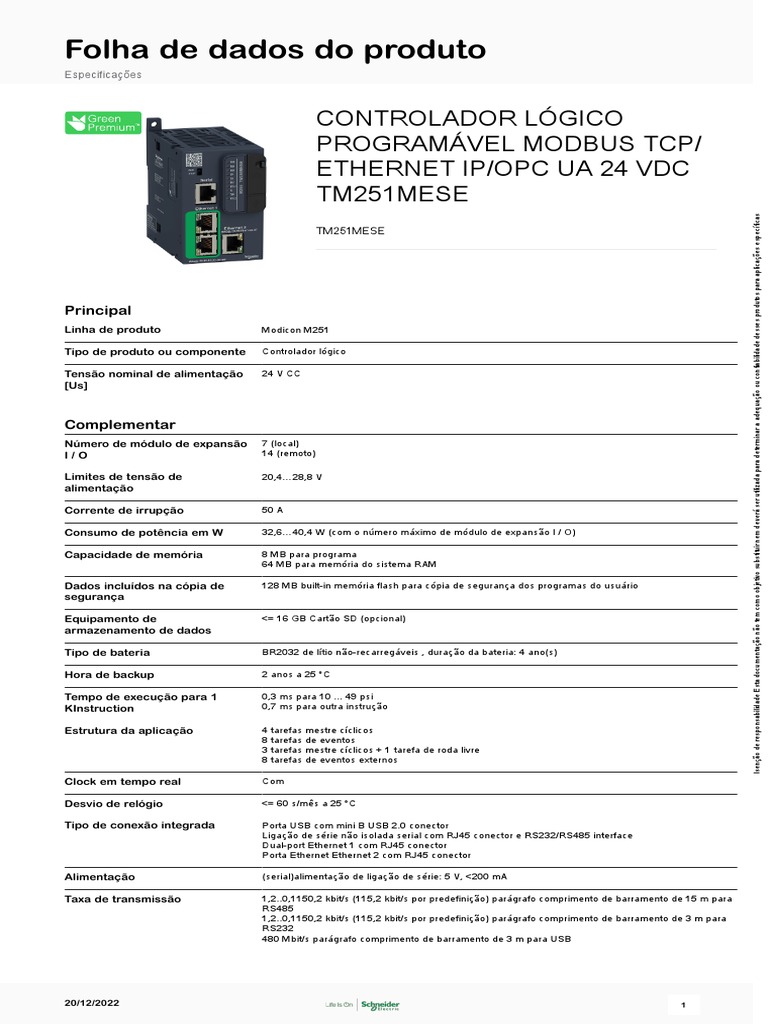Controlador Lógico - Modicon M251 - TM251MESE | PDF | Protocolo de ...