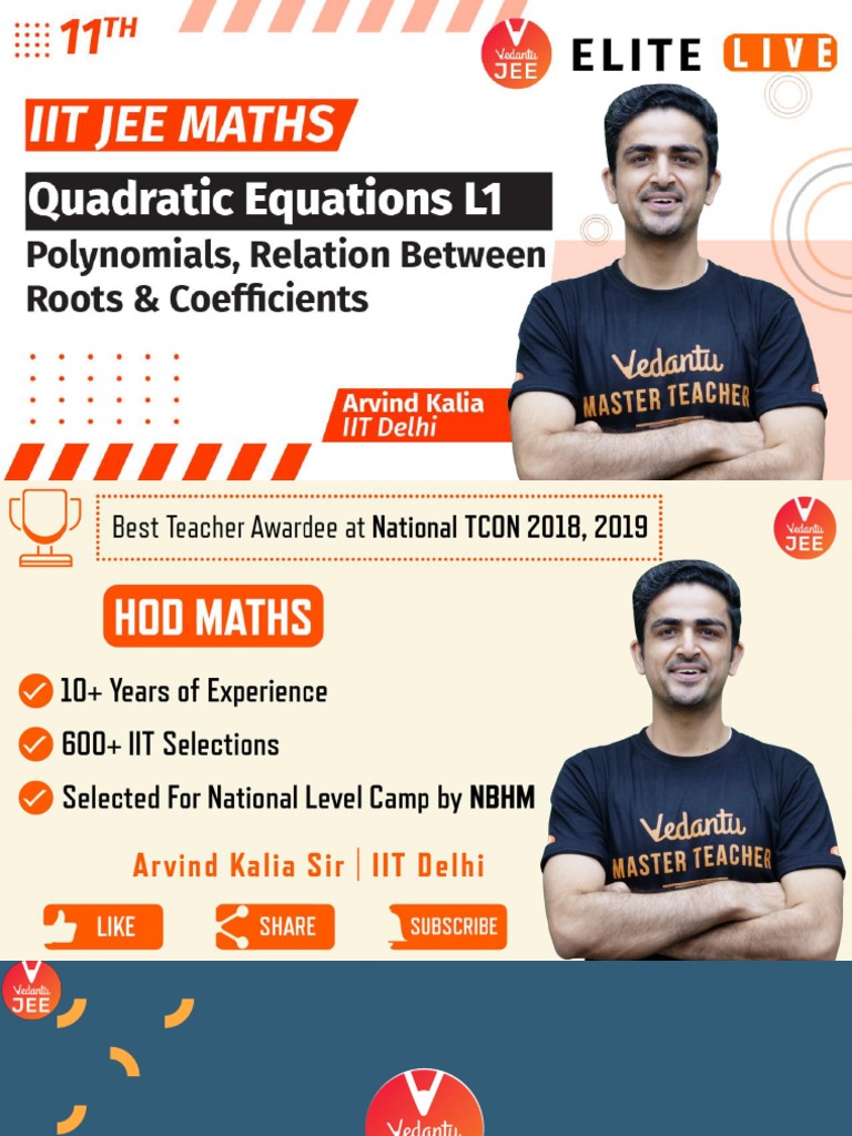 YT +Quadratic+equations+L1 +11th+elite | PDF | Polynomial | Quadratic Equation