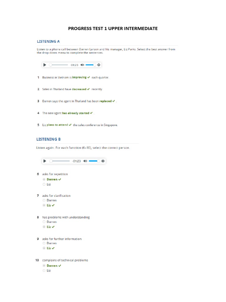 Market Leader PROGRESS TEST 1 UPPER INTERMEDIATE Solution | PDF