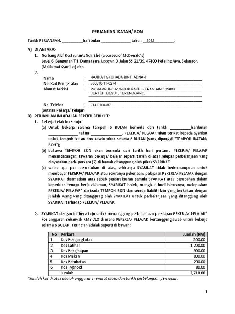 Perjanjian Ikatan (Bon) Letter | PDF