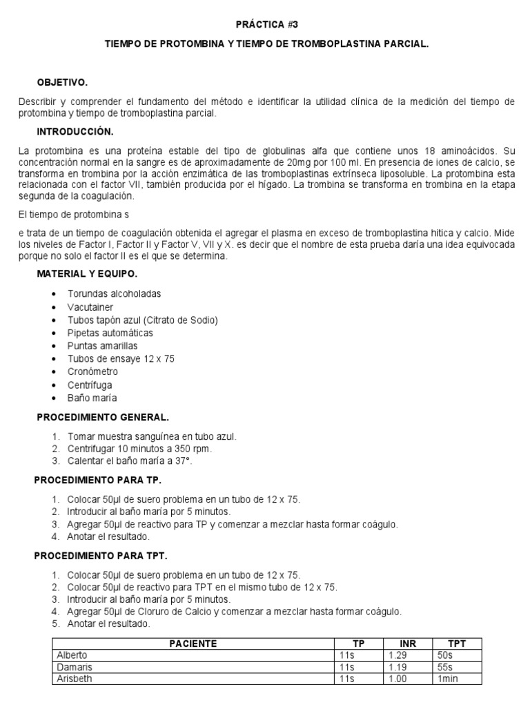 Practica Num.3 TP y TPT | Descargar gratis PDF | Coagulación | Sangre