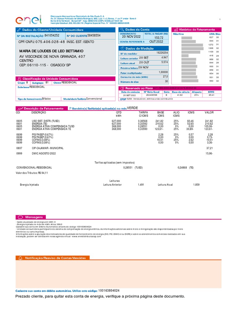 Fatura Exemplo Enel | Download grátis PDF | Quantidade | Quantidades ...