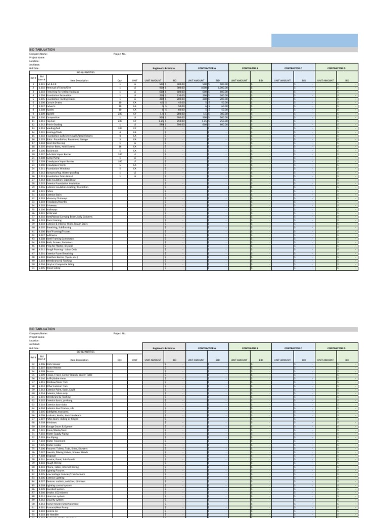 Excel Construction Project Management Templates Bid Tabulation Template 5702
