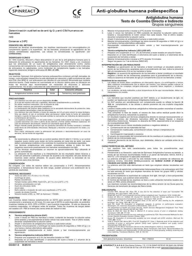 Procedimiento Coombs Indirecto Spinreact | PDF | Sistema complementario ...