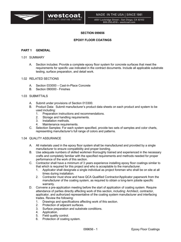 Dubro Quartz Epoxy Floor Coating Ec Csi Specification Westcoat | PDF | Epoxy | Concrete