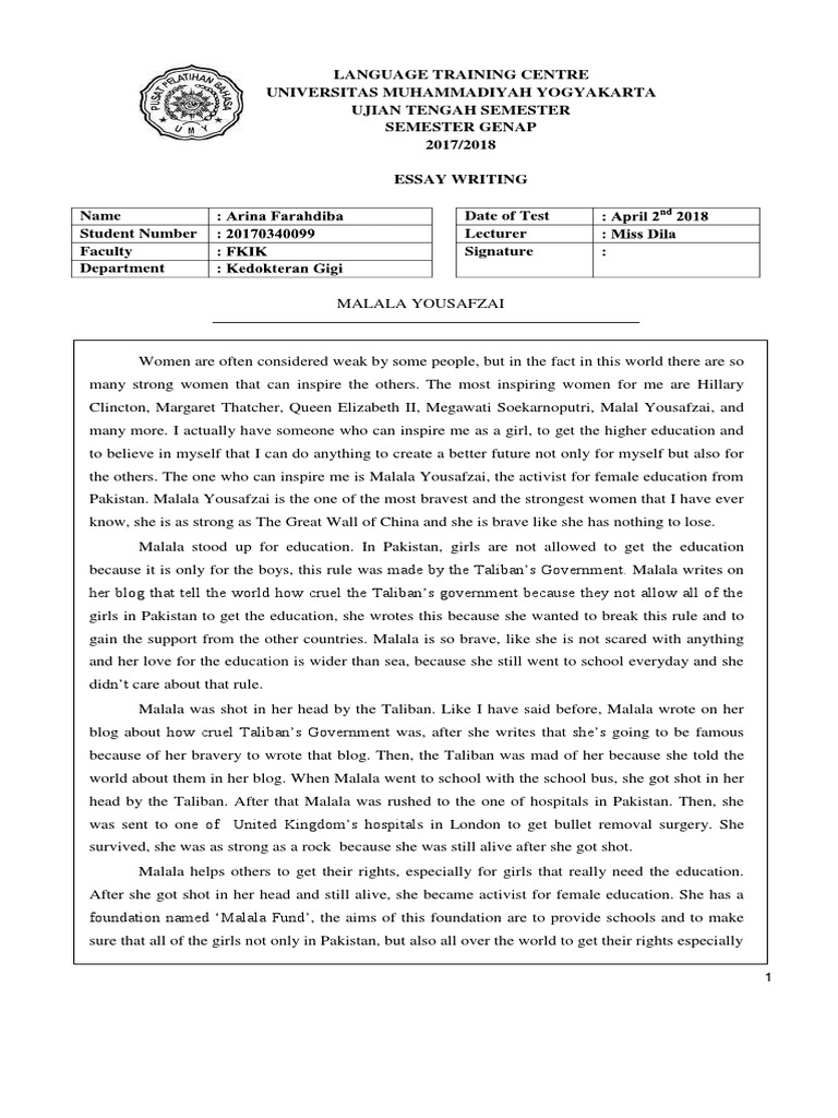 Malal Yousafzai Essay | PDF | Malala Yousafzai