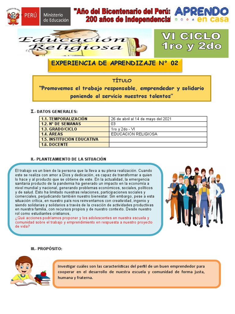 EXPERIENCIA DE APRENDIZAJE #02 VI CICLO (1° y 2°) | Descargar gratis PDF | Iniciativa empresarial