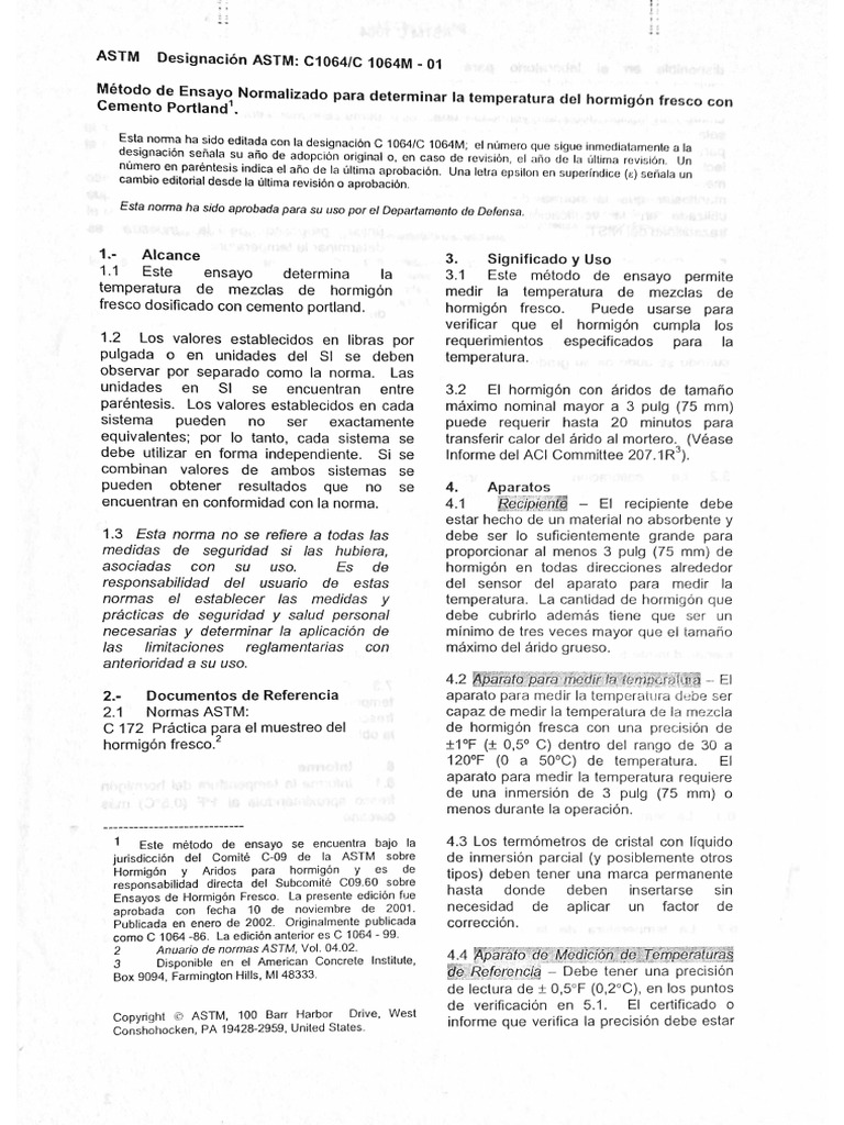 ASTM C 1064, Medición de Temperatura Hormigón Fresco | PDF
