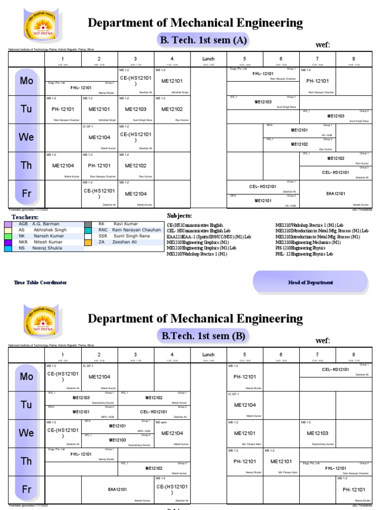Timetable Foe Each Class 7-11-22 | PDF | Science | Engineering