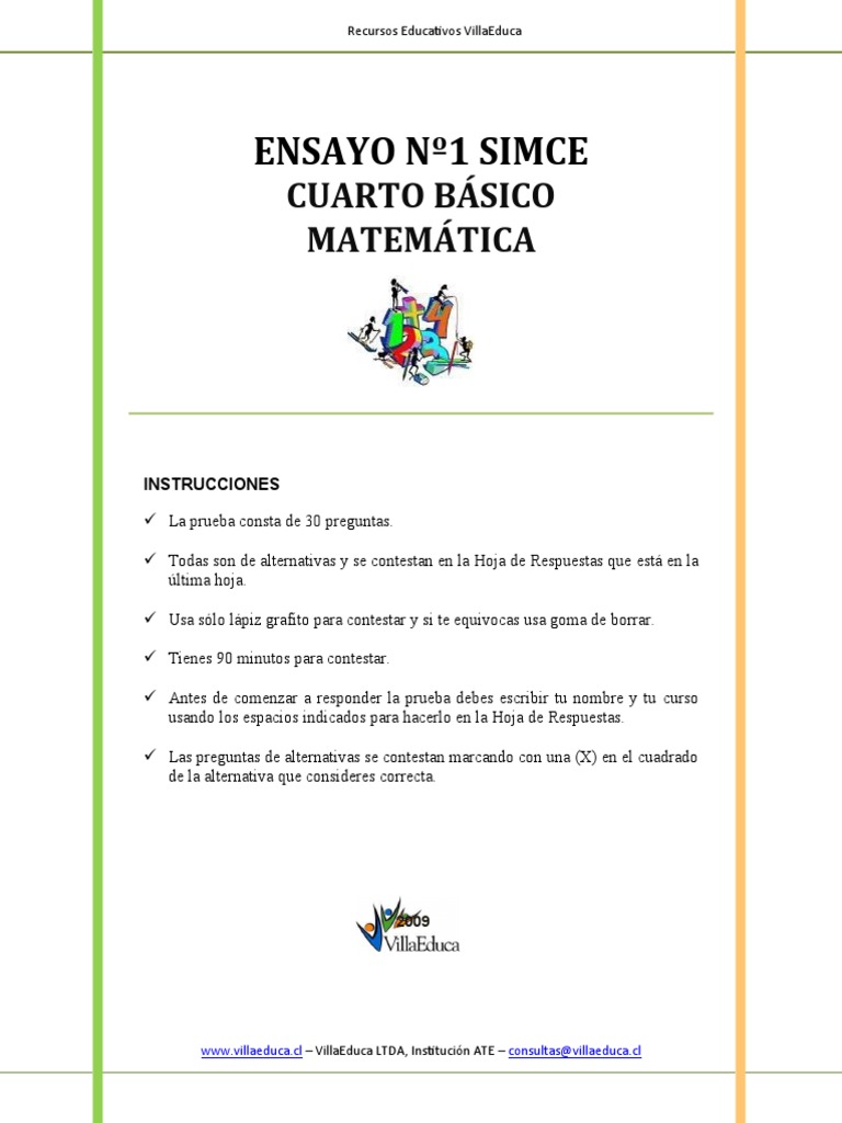 Ensayo Nº1 Simce Cuarto Básico Matemática | PDF | Matemática Elemental | Matemáticas