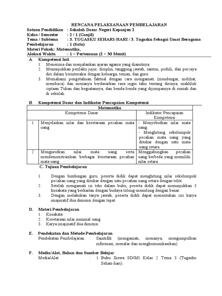 RPP Kelas 2 Tema 3 Sub Tema 3 Pembelajaran 1 | PDF