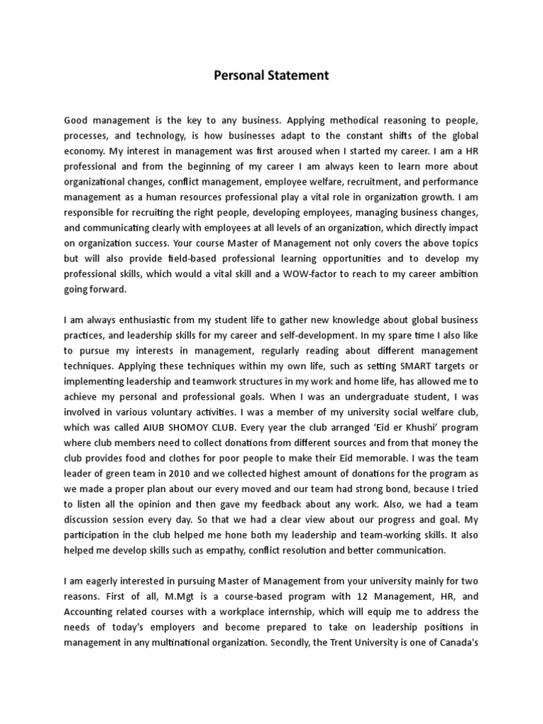 Personal Statement English | PDF | Leadership | Human Resources Personal Statement English | PDF | Leadership | Human Resources