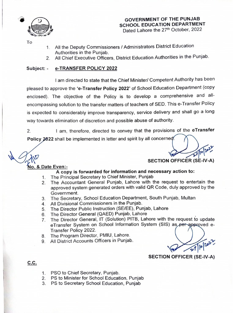 E Transfer Policy 2022 Pdf