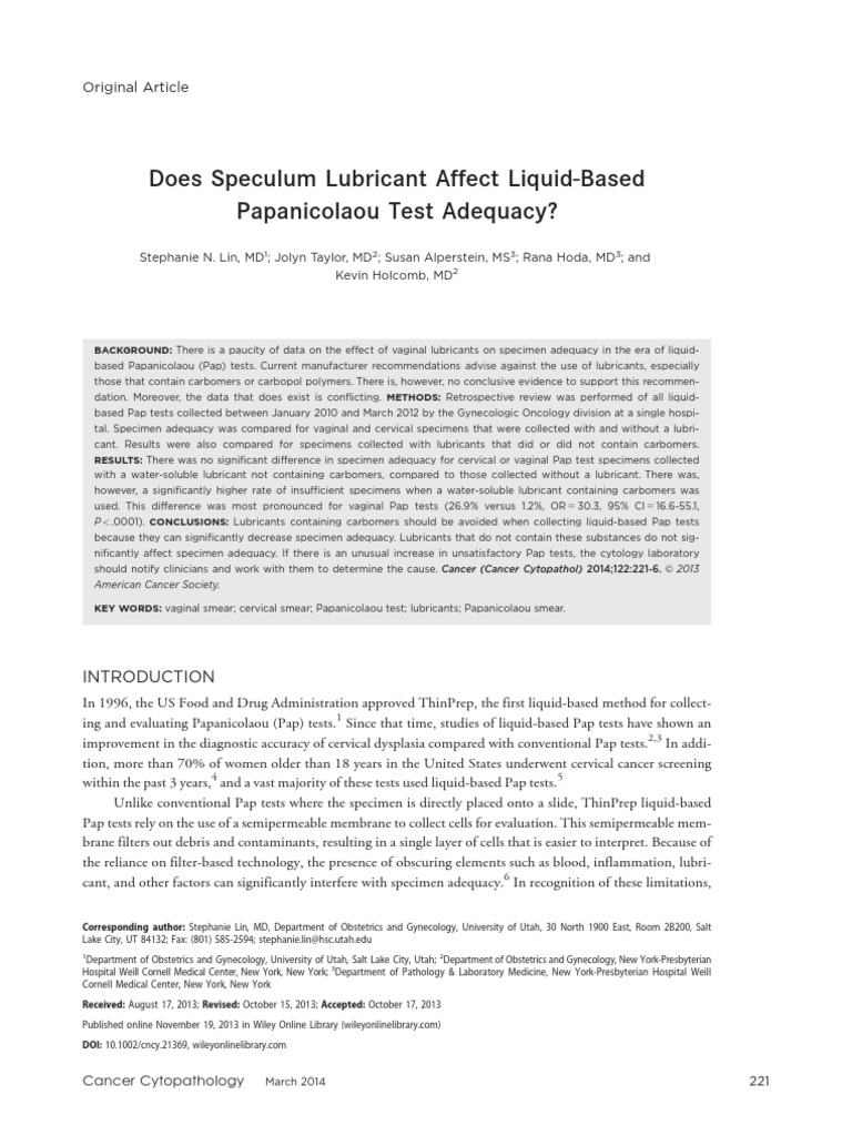 Does Speculum Lubricant Affect Liquid Based Papanicolaou Test Adequacy ...