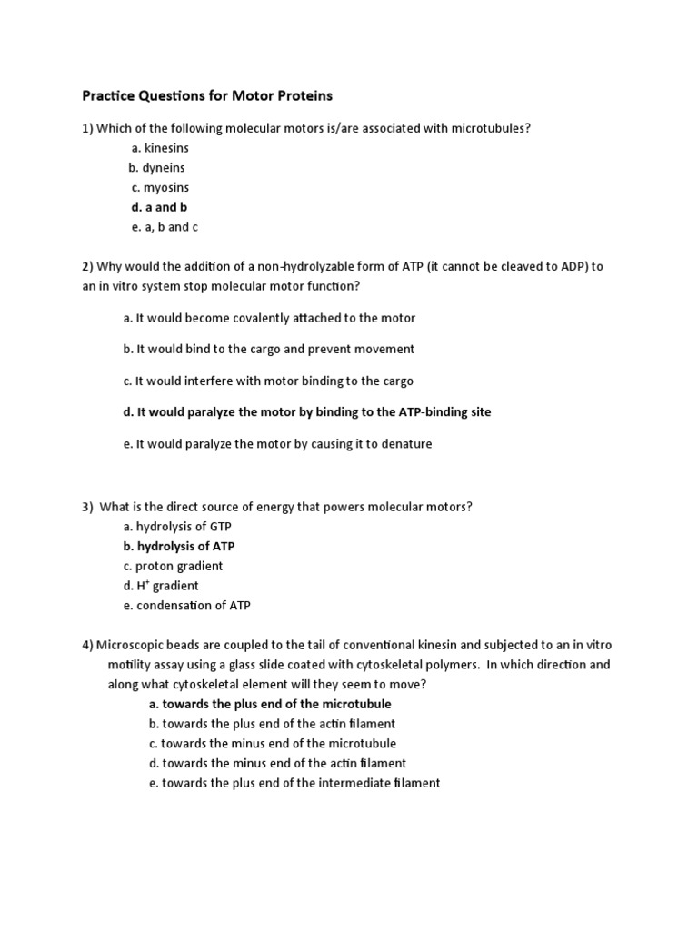 Motor Proteins Practice Q's Answers | PDF | Cytoskeleton | Actin