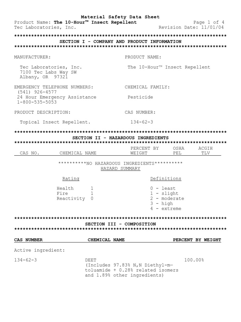 10 Hour Insect Repellent MSDS | PDF | Hazardous Waste | Combustion
