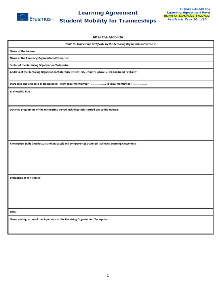 1023 Learning Agreement For Traineeships After Mobility | PDF