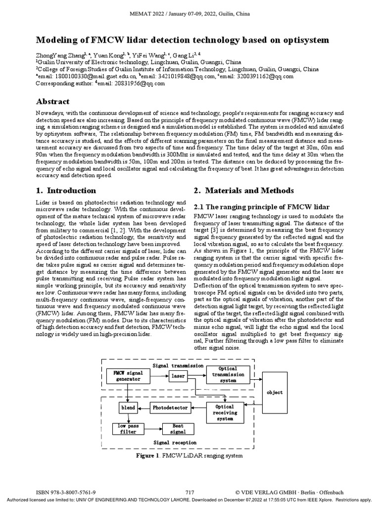 Modeling Of Fmcw Lidar Detection Technology Based On Optisystem Simulation Pdf Frequency