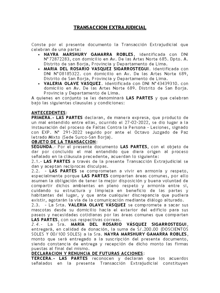 Transaccion Extrajudicial | PDF
