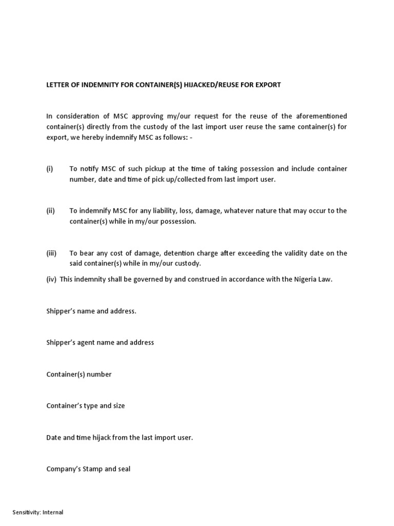 Letter of Indemnity For Hijack of MSC Container For Export Use | PDF