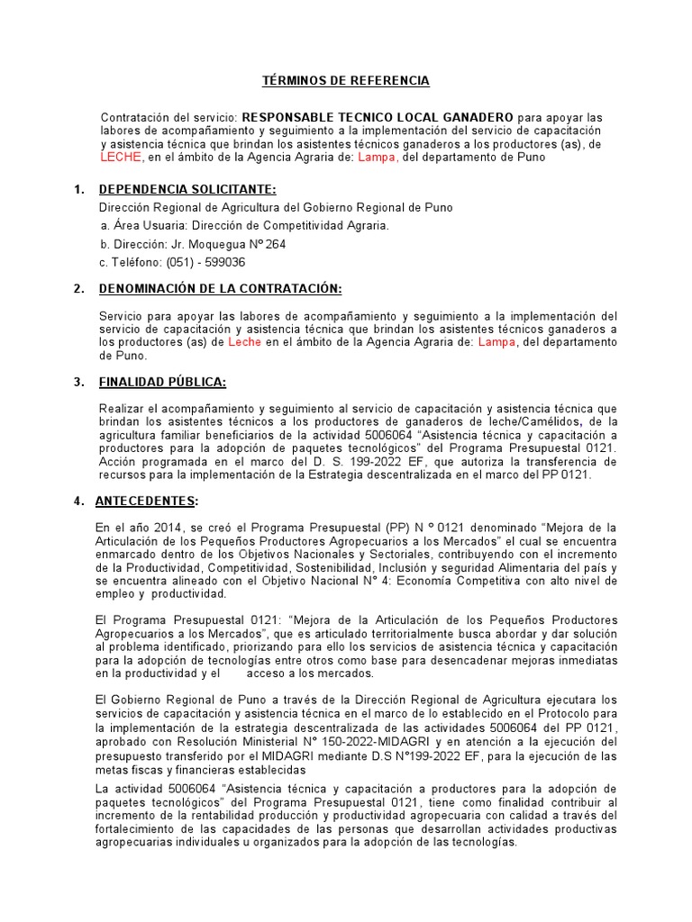 Modelo TDR Resp. Tecnico Local Ganadero 20.09 | PDF | Corrupción política | Economias