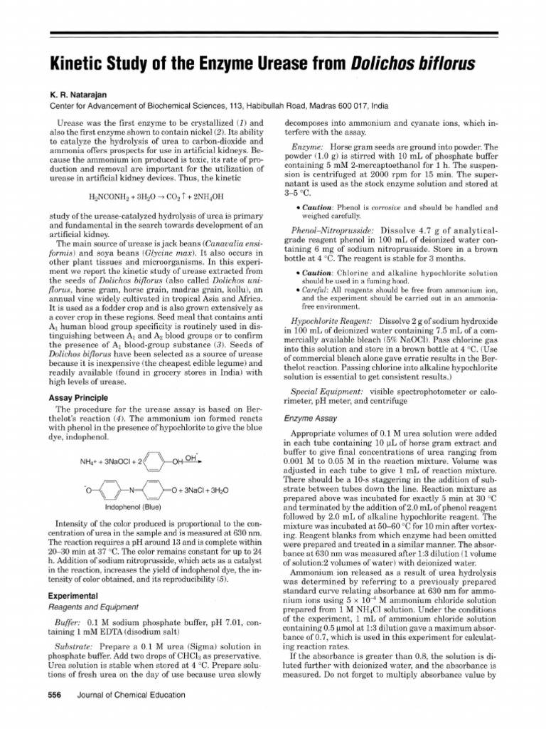 Kinetic Study of The Enzyme Urease From Dolichos Biflorus: Principle ...