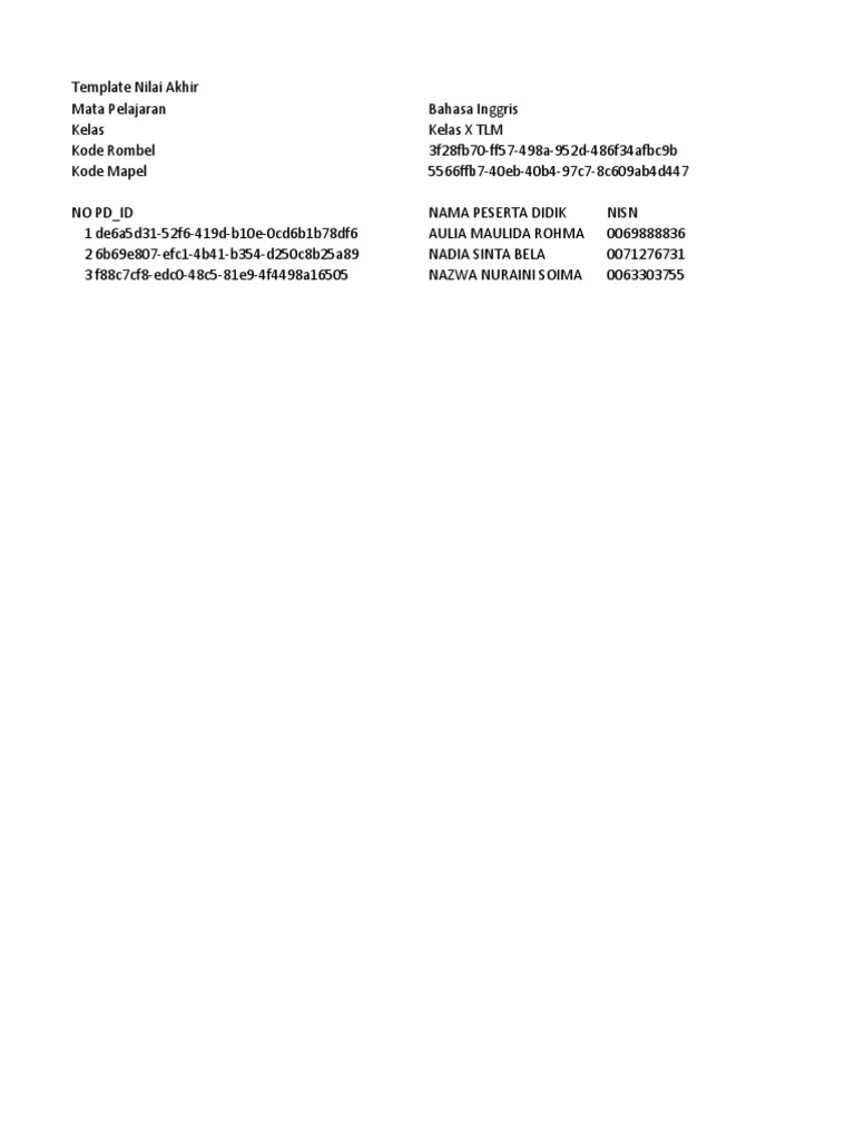 Template Nilai Akhir Mata Pelajaran Bahasa Inggris Kelas Kelas X TLM | PDF