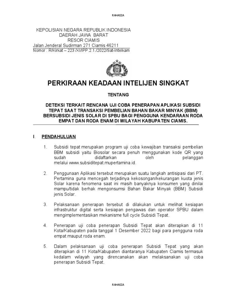 Perkiraan Keadaan Intelijen Singkat: Nomor: R/Kirkat - 223 /XI/IPP.2.1 ...