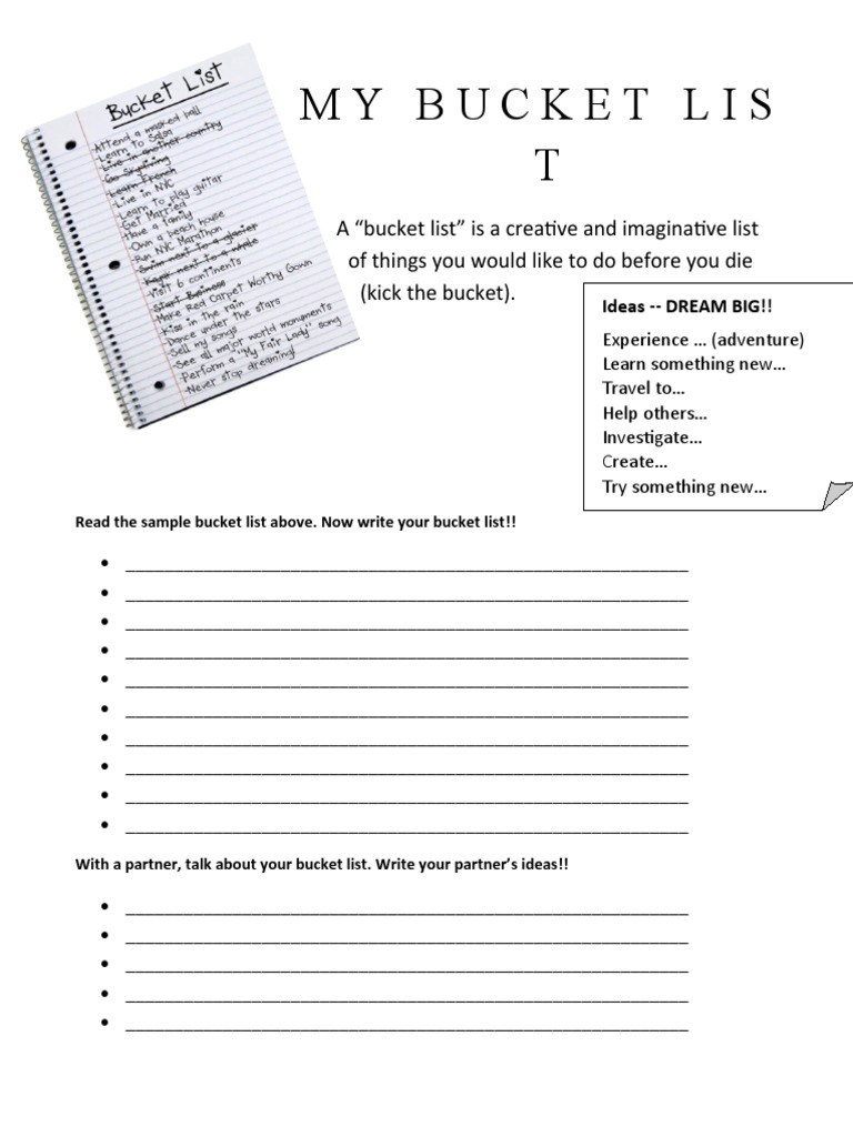 My Bucket List Worksheet Fun Activities Games Icebreakers Warmers ...