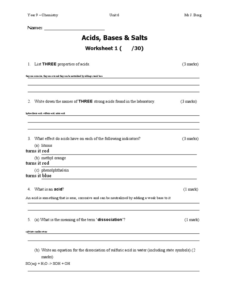 Acids, Bases & Salts Worksheet 1 | PDF | Acid | Sulfuric Acid