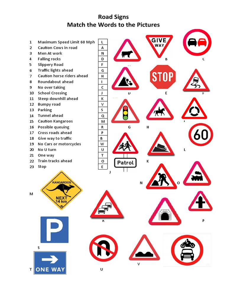 Road Signs Matching Worksheet | PDF