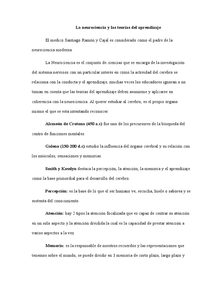 La neurociencia y las teorías del aprendizaje | PDF | Aprendizaje | Memoria