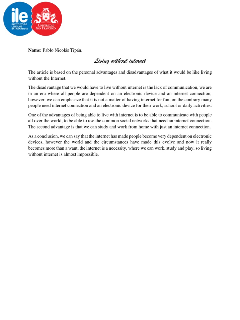 Writing Assignment 03 Living Without Internet Pdf
