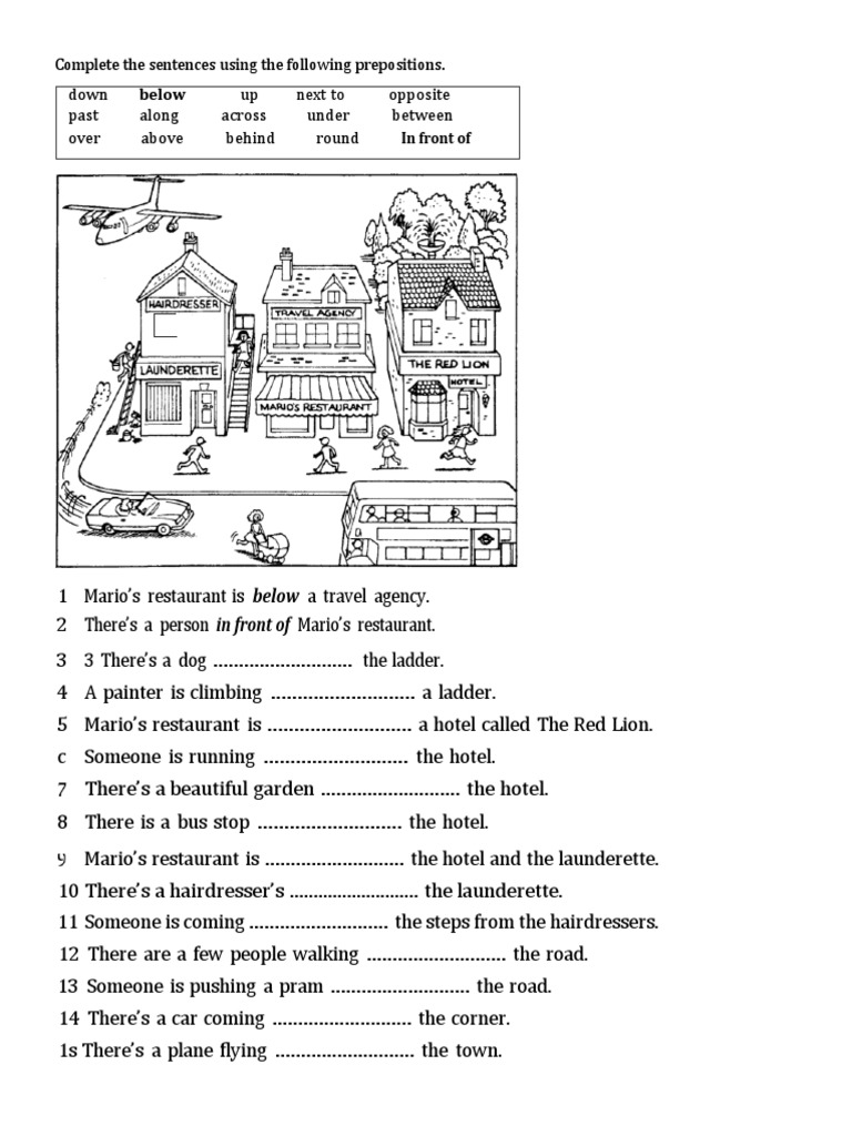 Prepositions Practice: Describing Locations Around Mario's Restaurant | PDF