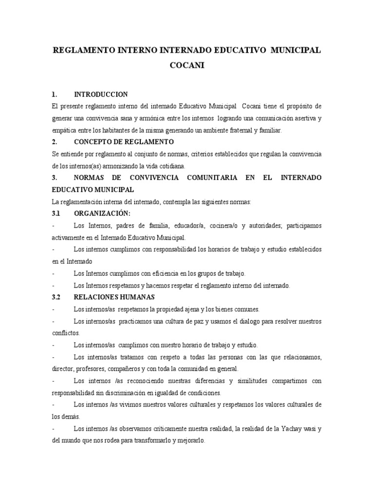 Reglamento Interno de Vida Yachay Wasi Cocani | PDF | Salud y bienestar