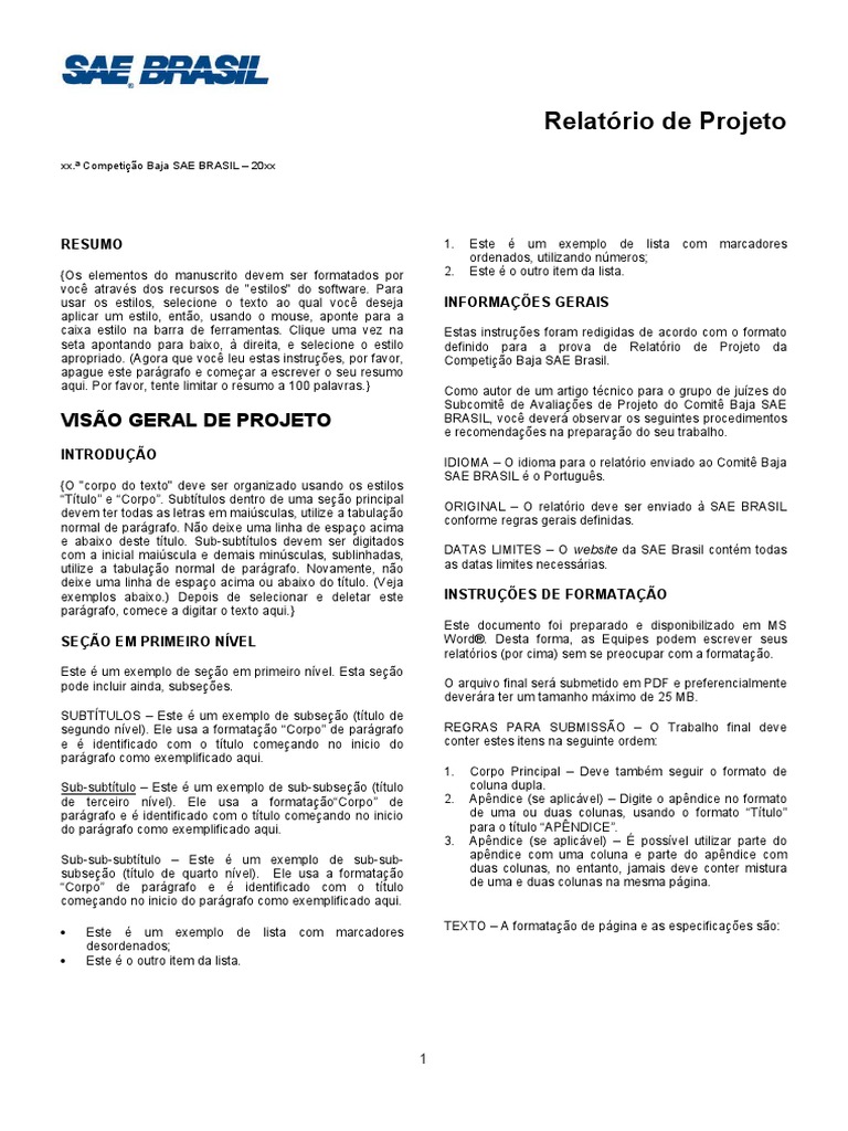 Template Relatorio de Projeto Formato de Publicacoes Tecnica SAE 2022 ...